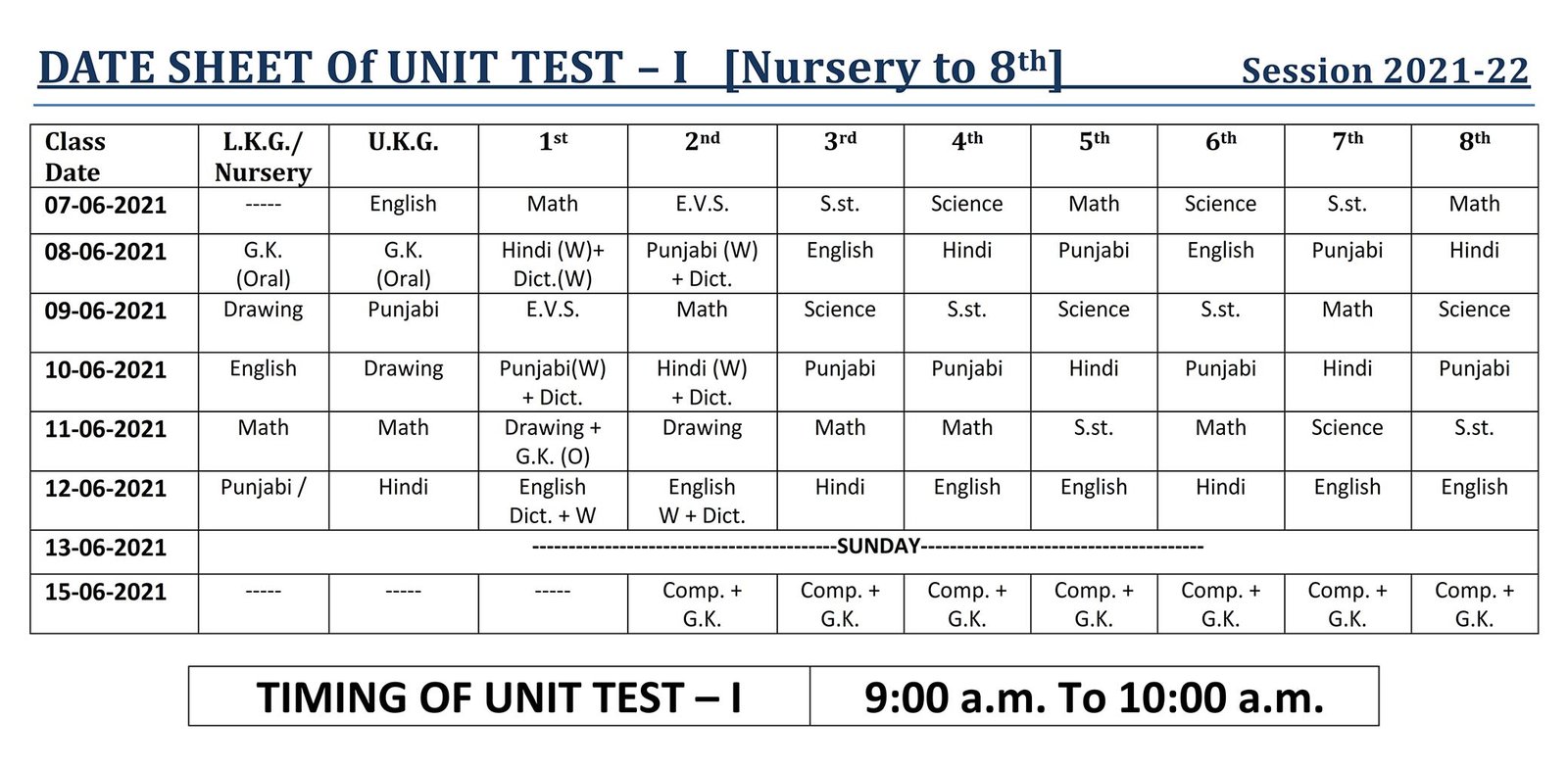 School Exam Date Sheet MLD School