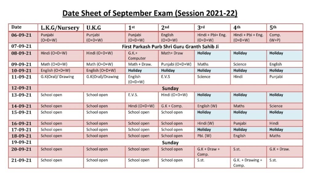 School Exam Date Sheet - MLD School