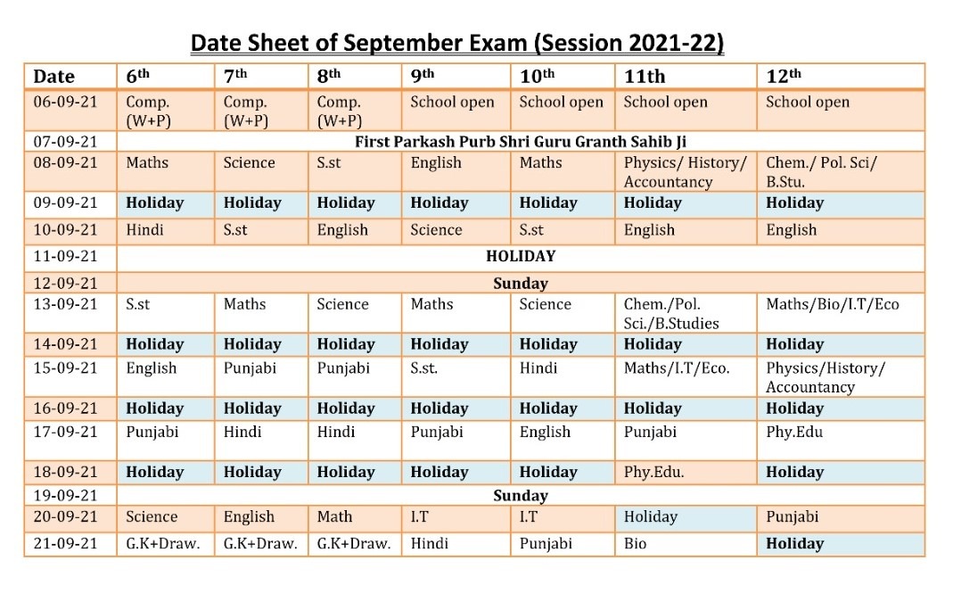 School Exam Date Sheet - MLD School